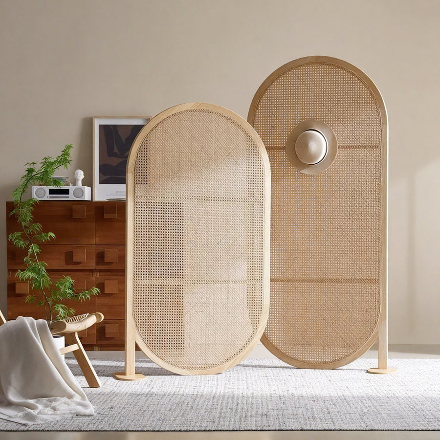 Oval Wood Cane Panel Floor Standing Privacy Screen | Room Divider Pane ...