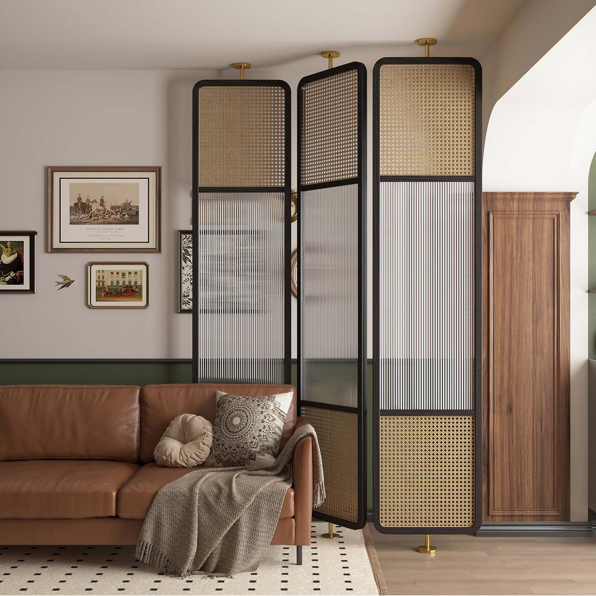 Mid Century Modern Fluted Glass Cane Privacy Screen | Room Divider ...
