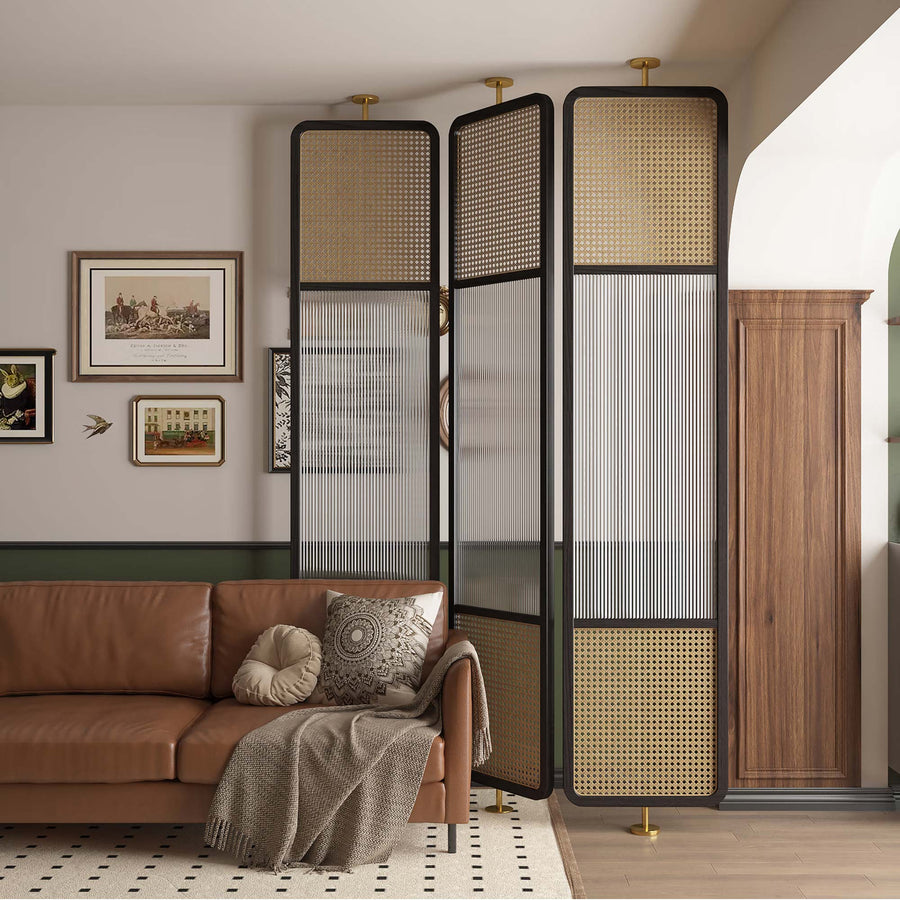 Mid Century Modern Fluted Glass Cane Privacy Screen | Room Divider ...